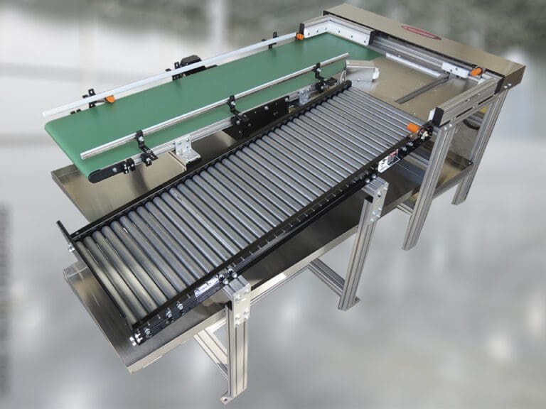 Conveyor system design with robotic loader for automated parts handling.